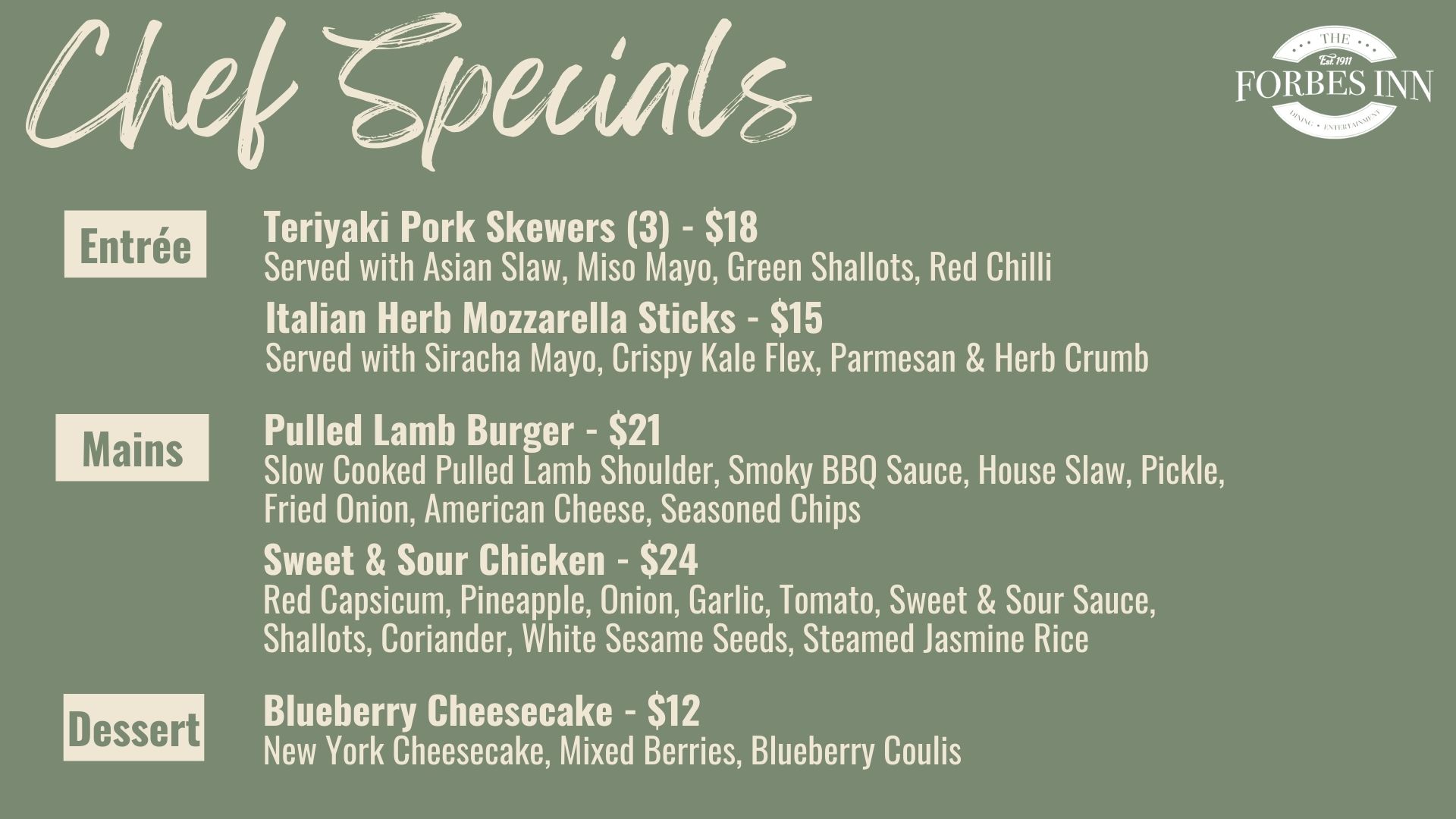Chefs Specials – Forbes Inn Hotel